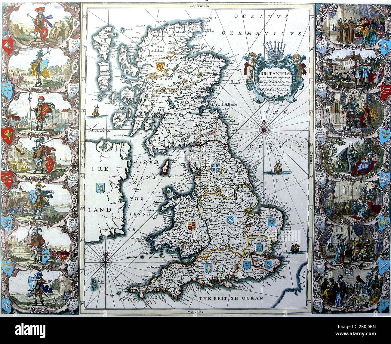 Vintage medieval map of Great Britain with illustrations. 1676 Stock ...