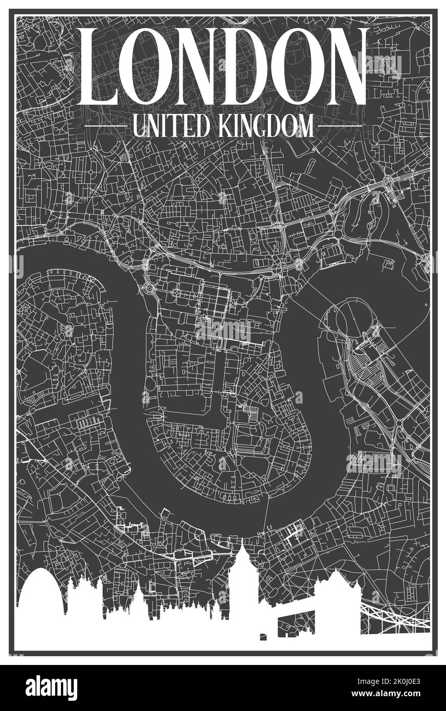 Framed downtown streets network printout map of LONDON, UNITED KINGDOM ...