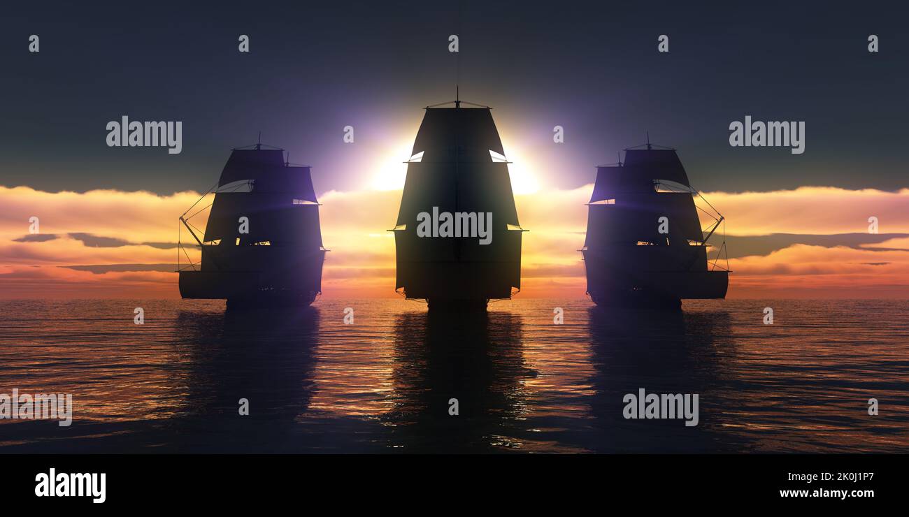 old three ships sunset at sea, 3d rendering illustration Stock Photo ...