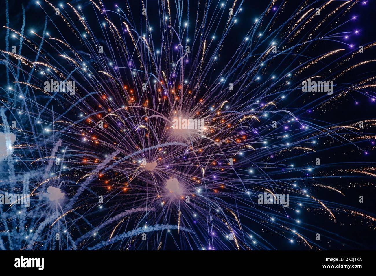 A sparkly burst of blue and red fireworks in the night sky Stock Photo ...