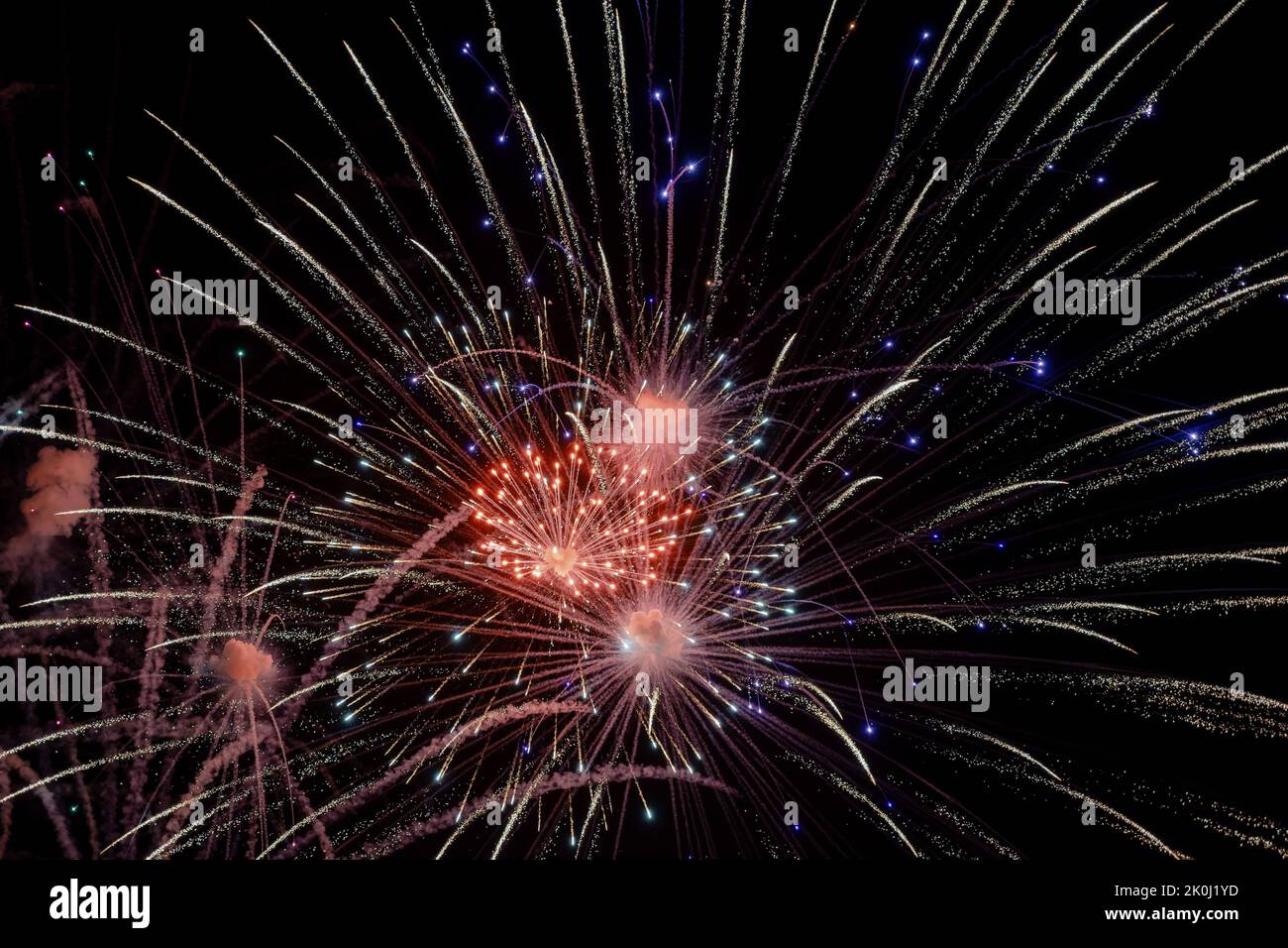 A sparkly burst of a red firework and blue sparkles in the night sky ...