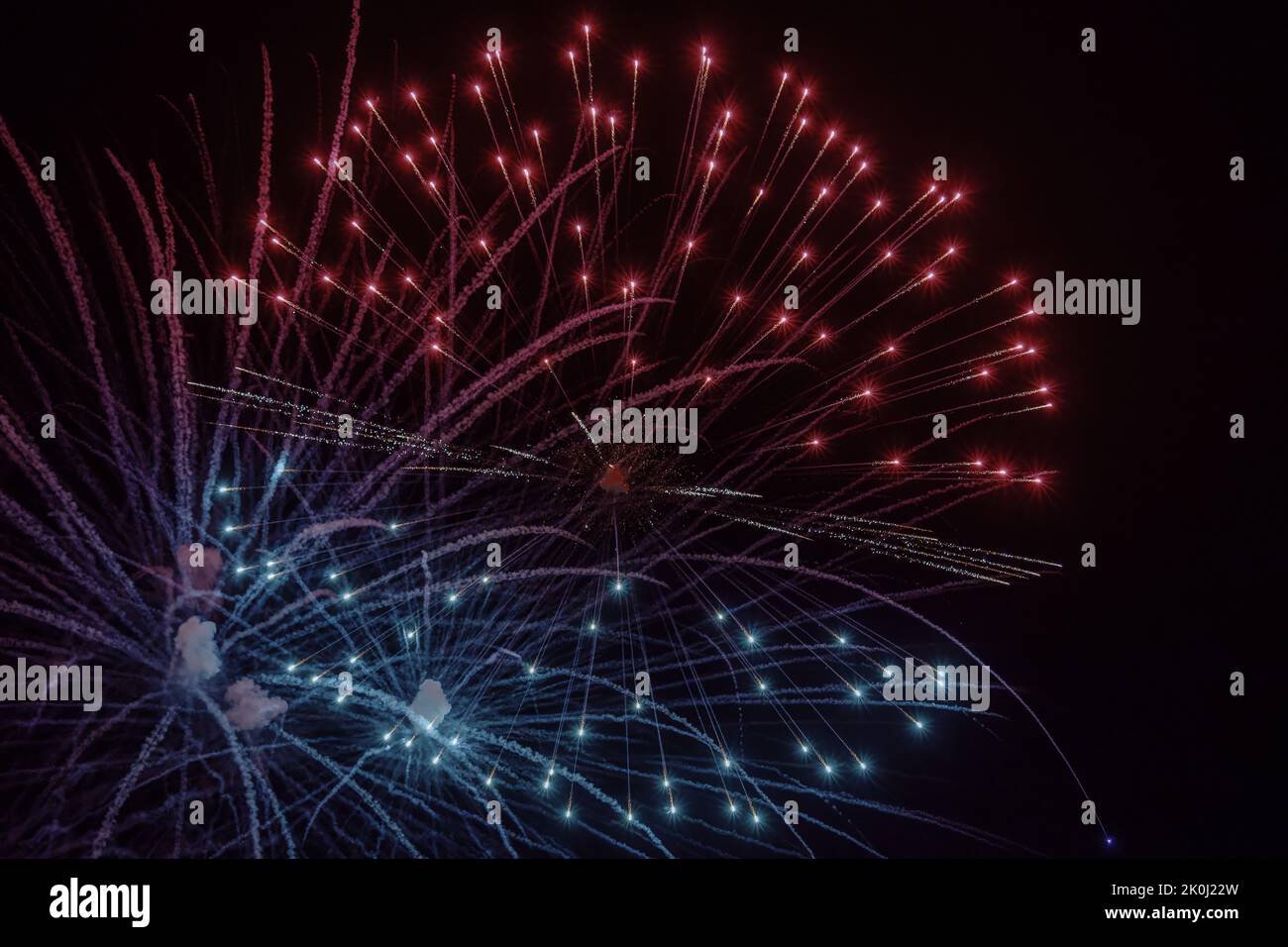 A beautiful burst of blue and red fireworks in the night sky Stock ...