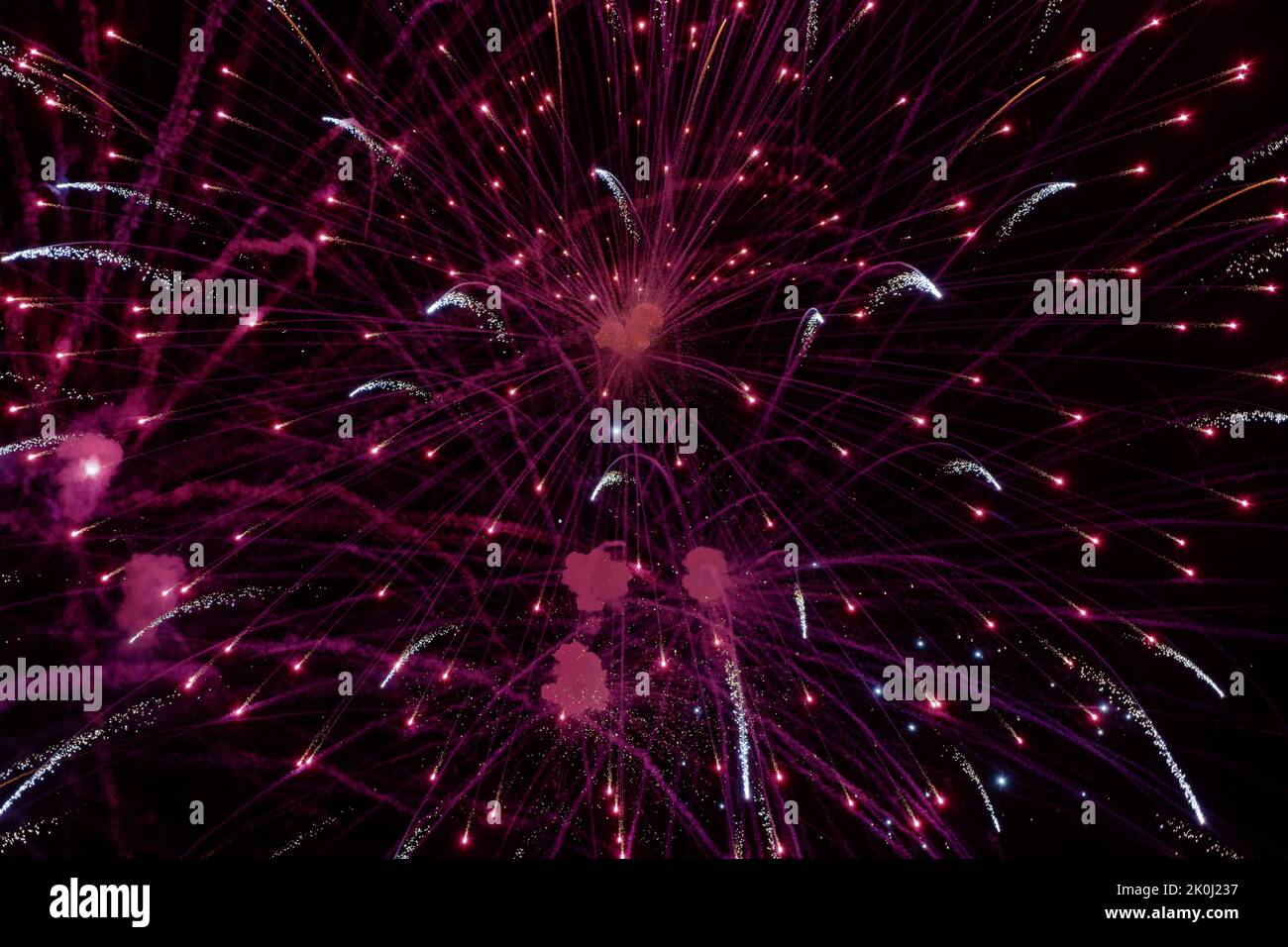 A beautiful view of a raspberry red firework burst in the night sky ...