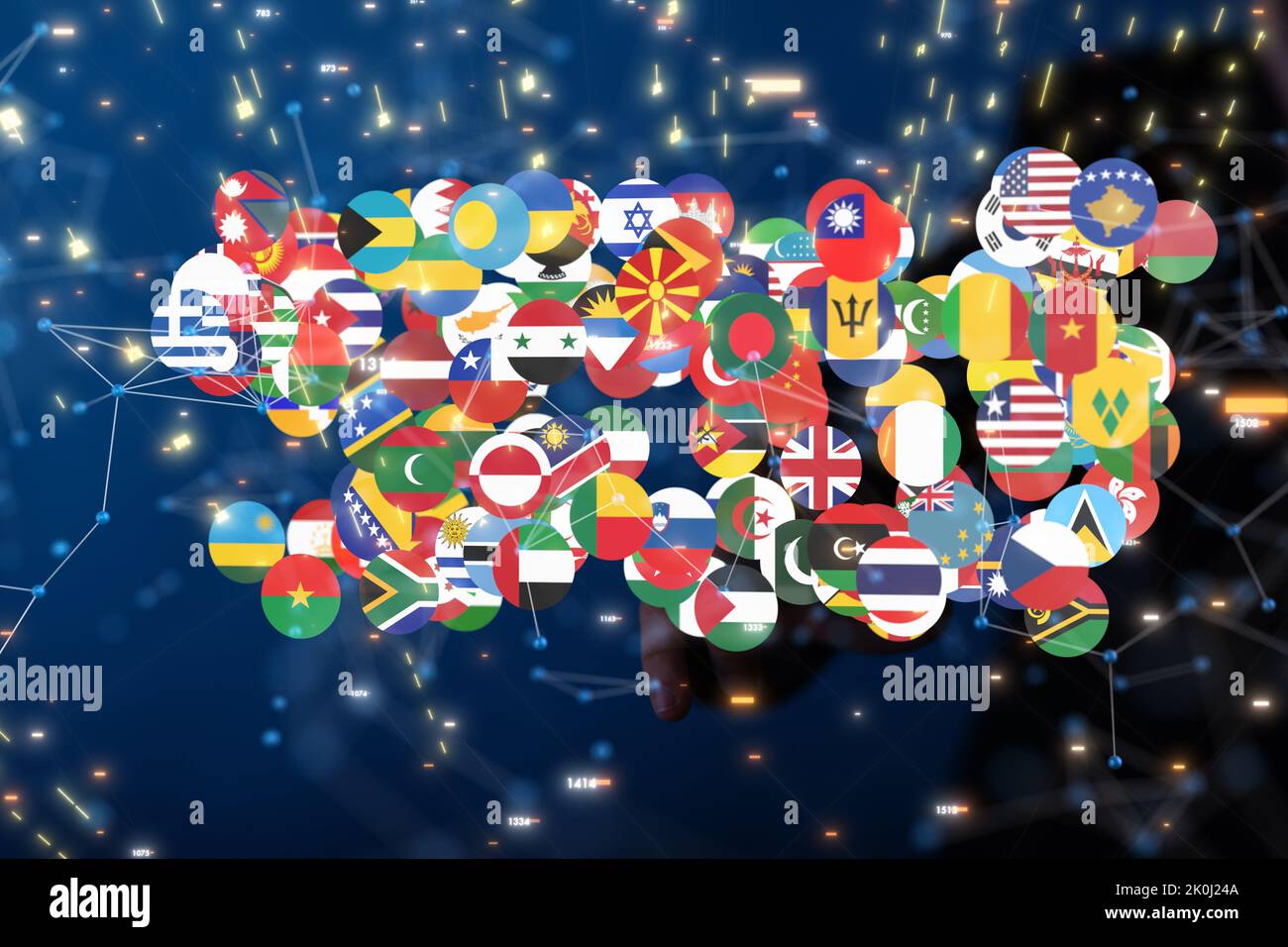 A hand reaching for the illustrated flag icons of the different ...