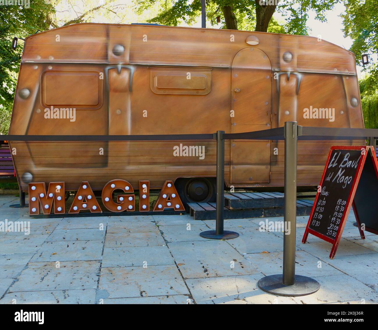 Caravan painted to look like a brown suitcase mobile magic show EL BAUL ...