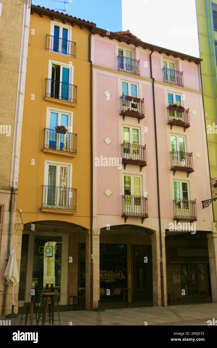 Facade of colourful buildings in the historic centre of Burgos Castile ...