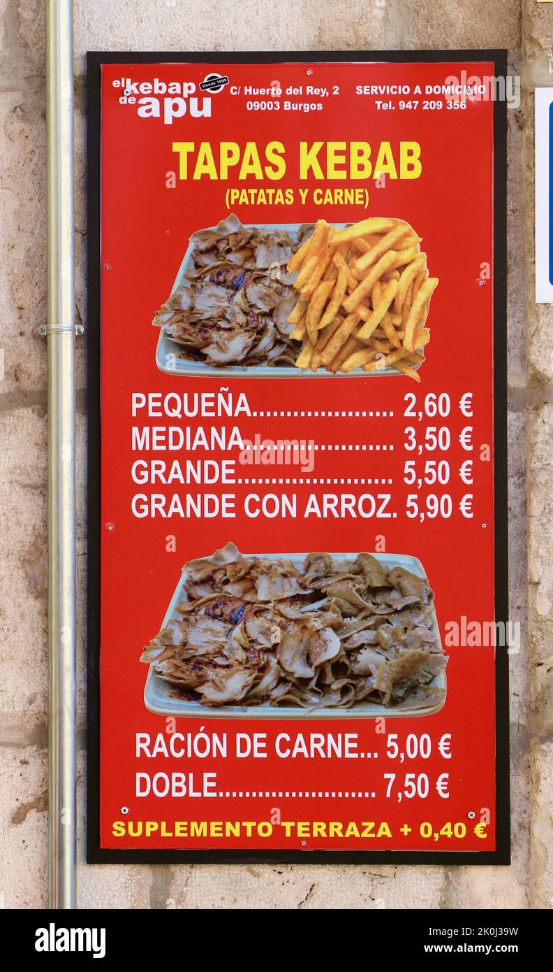 Red wall sign menu outside a fast food Tapas Kebab shop in Burgos ...
