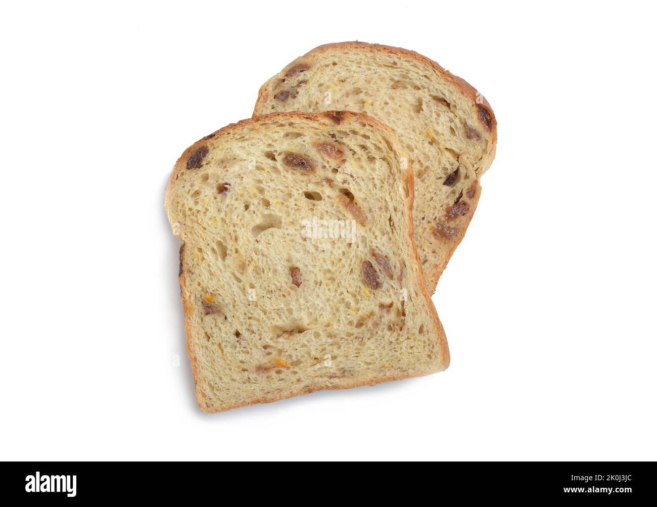 Slices of fruit loaf bread on white shot from directly above cut out ...