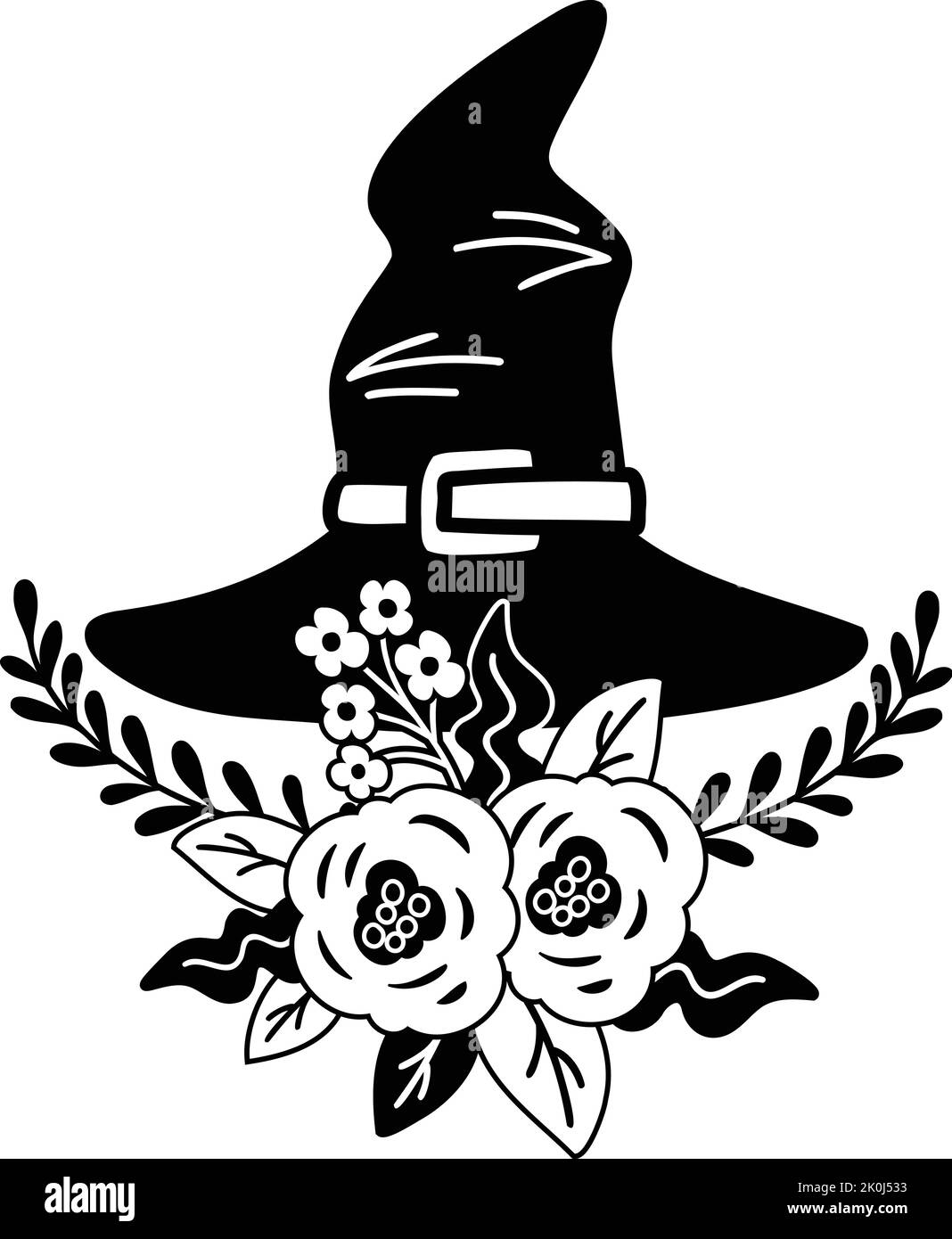 Hand Drawn flowers and witch hat illustration isolated on background ...