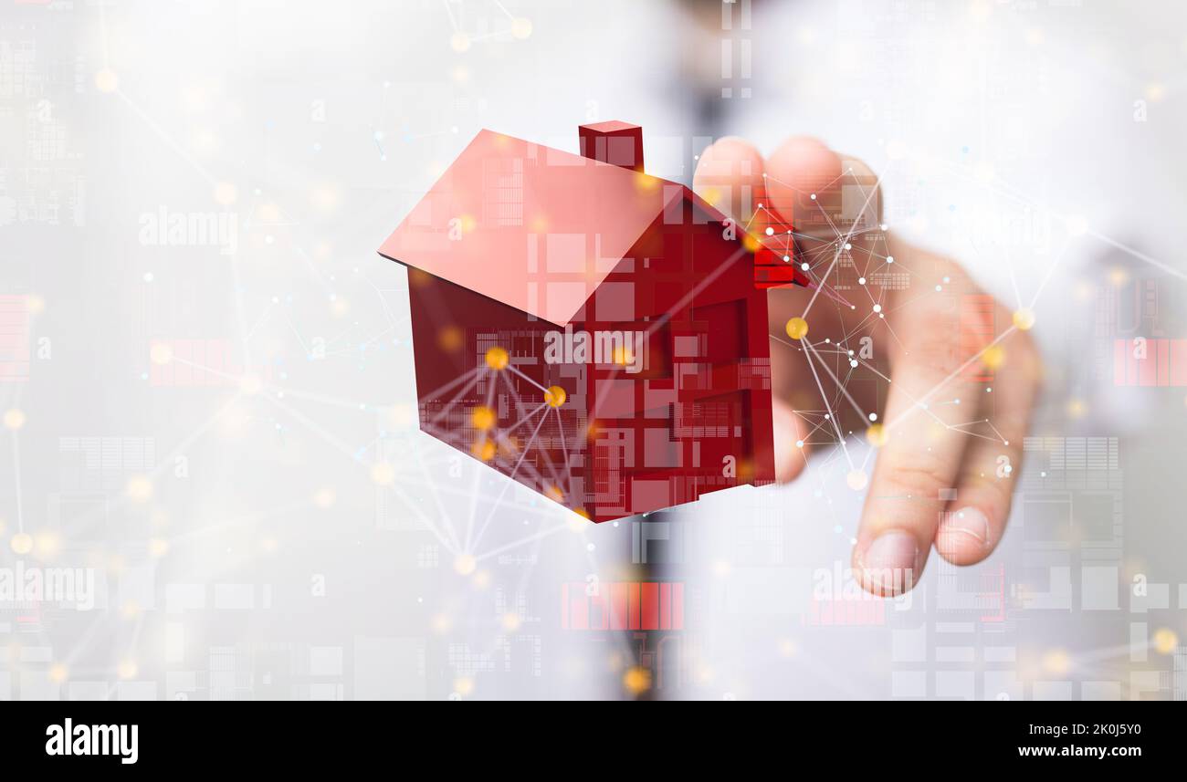 A man reaching for the illustrated house icon with lines and dotes ...