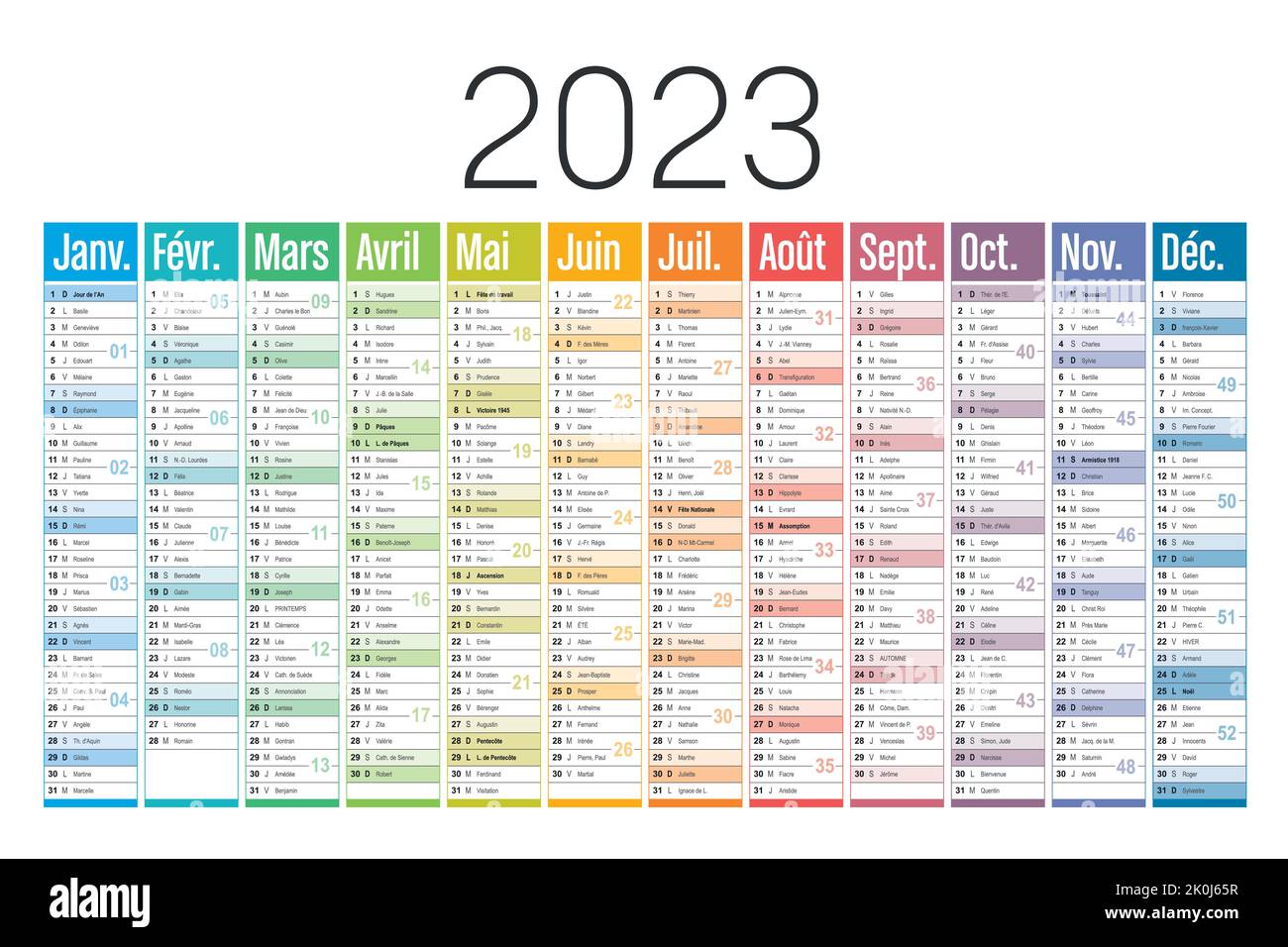 Year 2023 colorful calendar, in French language, on white background ...