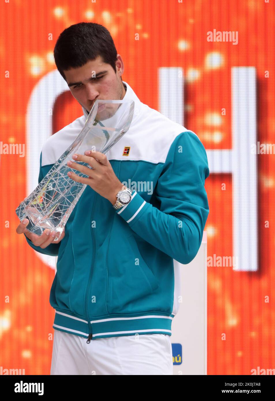MIAMI GARDENS, FLORIDA - APRIL 03: Carlos Alcaraz of Spain poses with ...