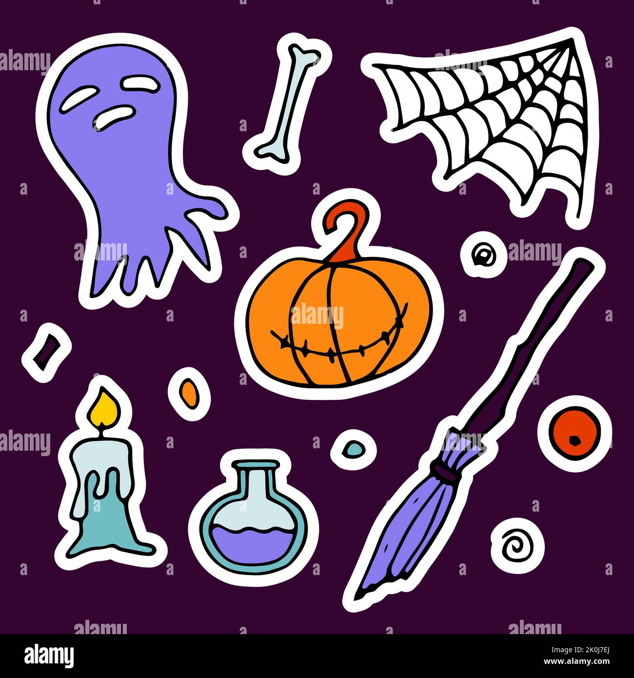 Doodle Halloween sticker set. Hand-drawn autumn pumpkin, ghost, web ...