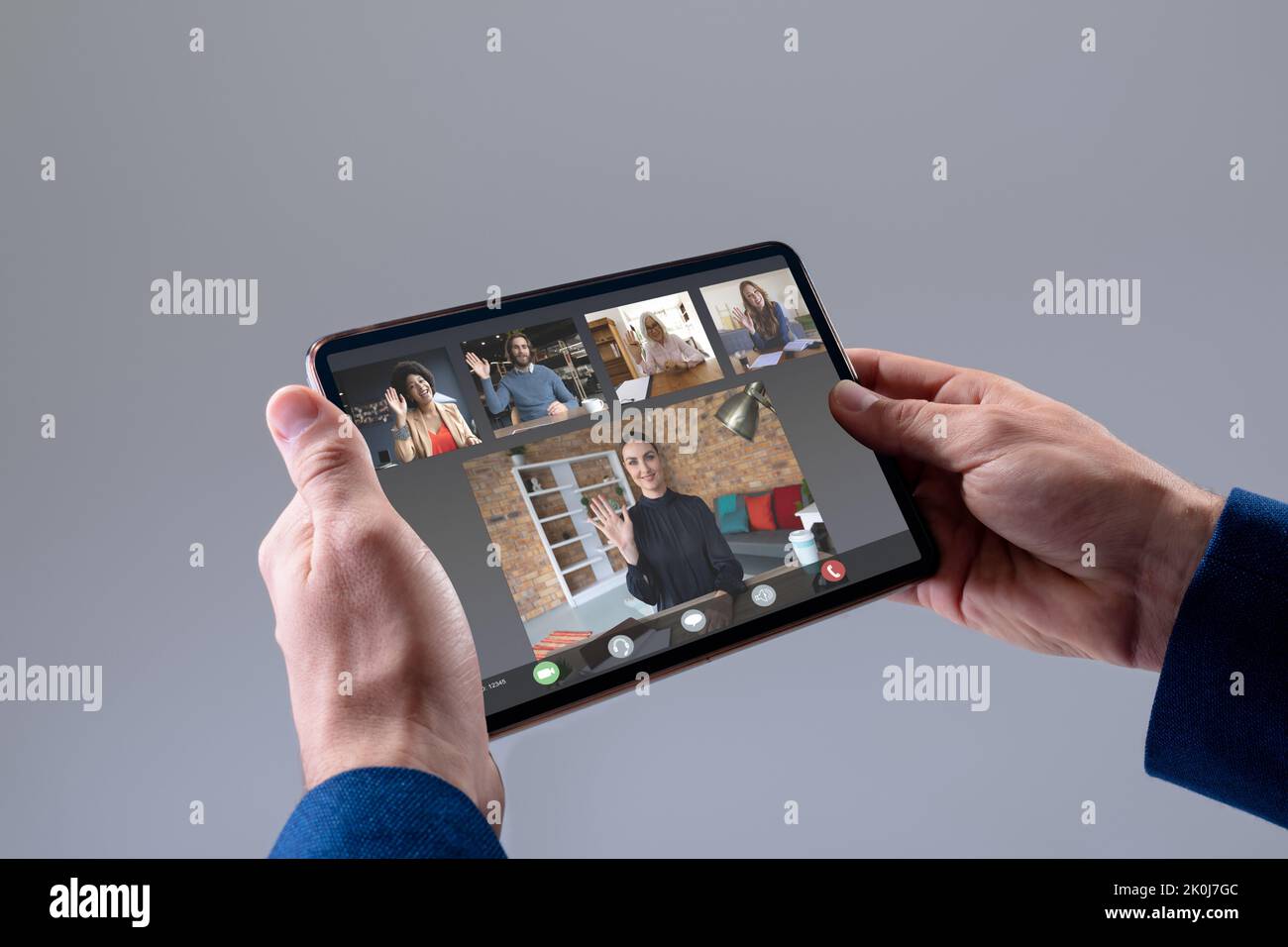 Hands of caucasian businessman making tablet video call, with five ...