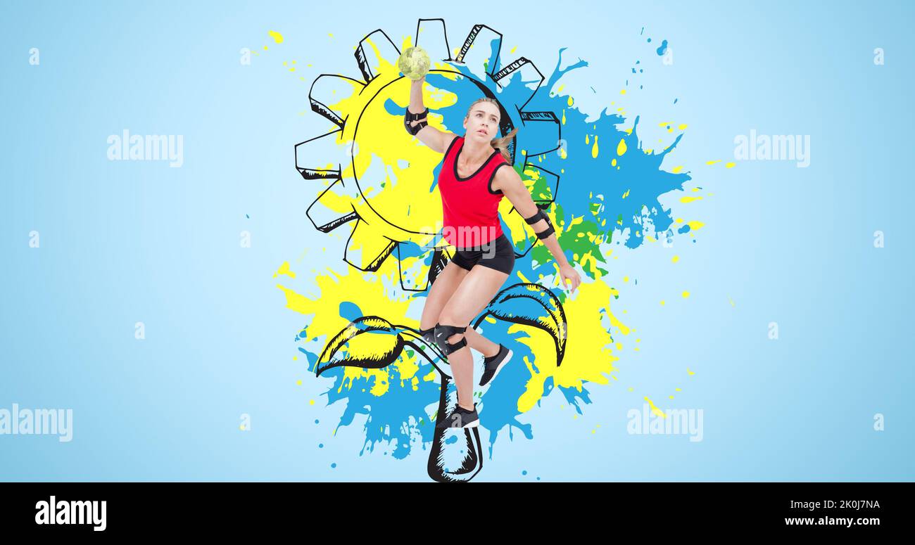 Caucasian female handball player throwing ball with colorful abstract ...