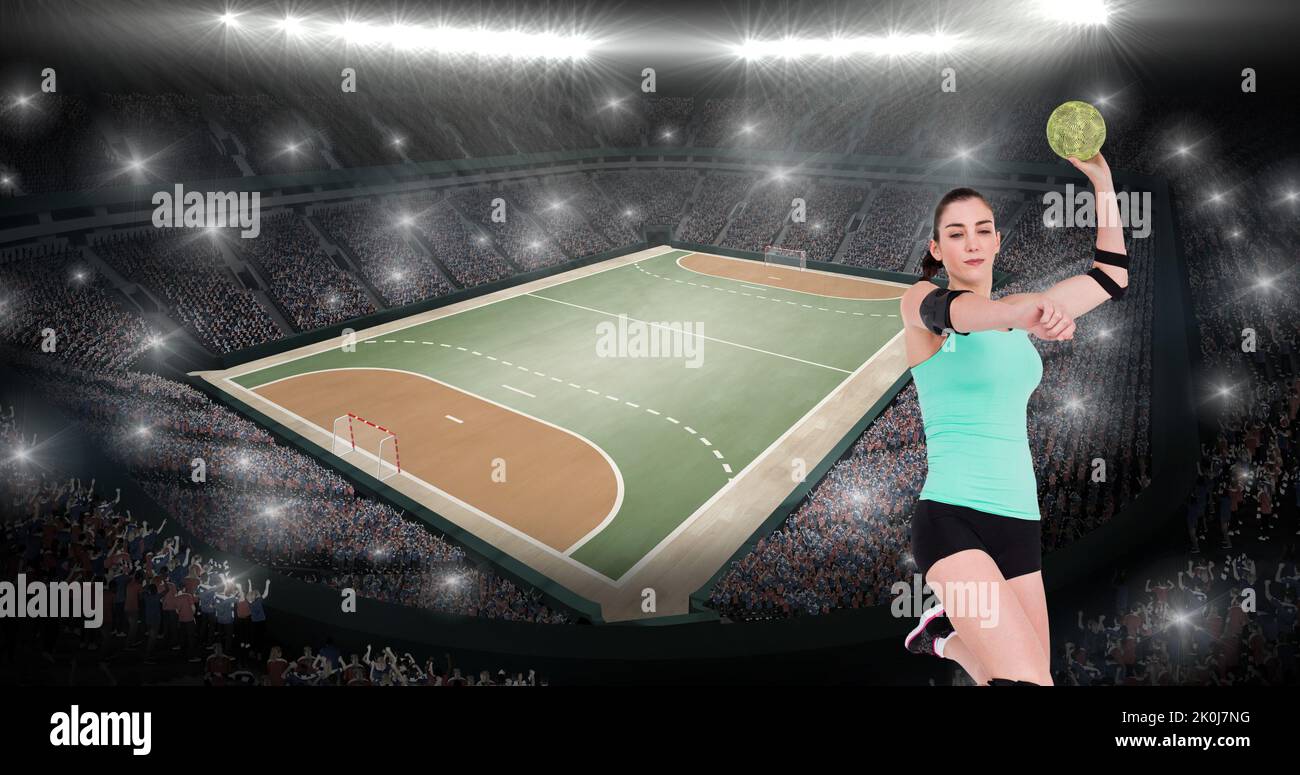 Digital composite image of female caucasian handball player throwing ...