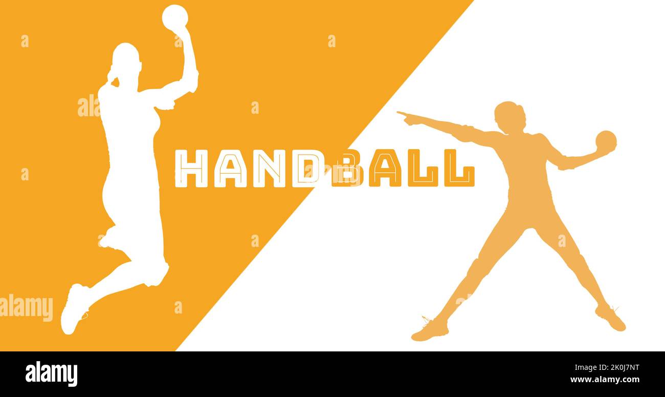 Illustration of female players silhouette playing, handball text on ...