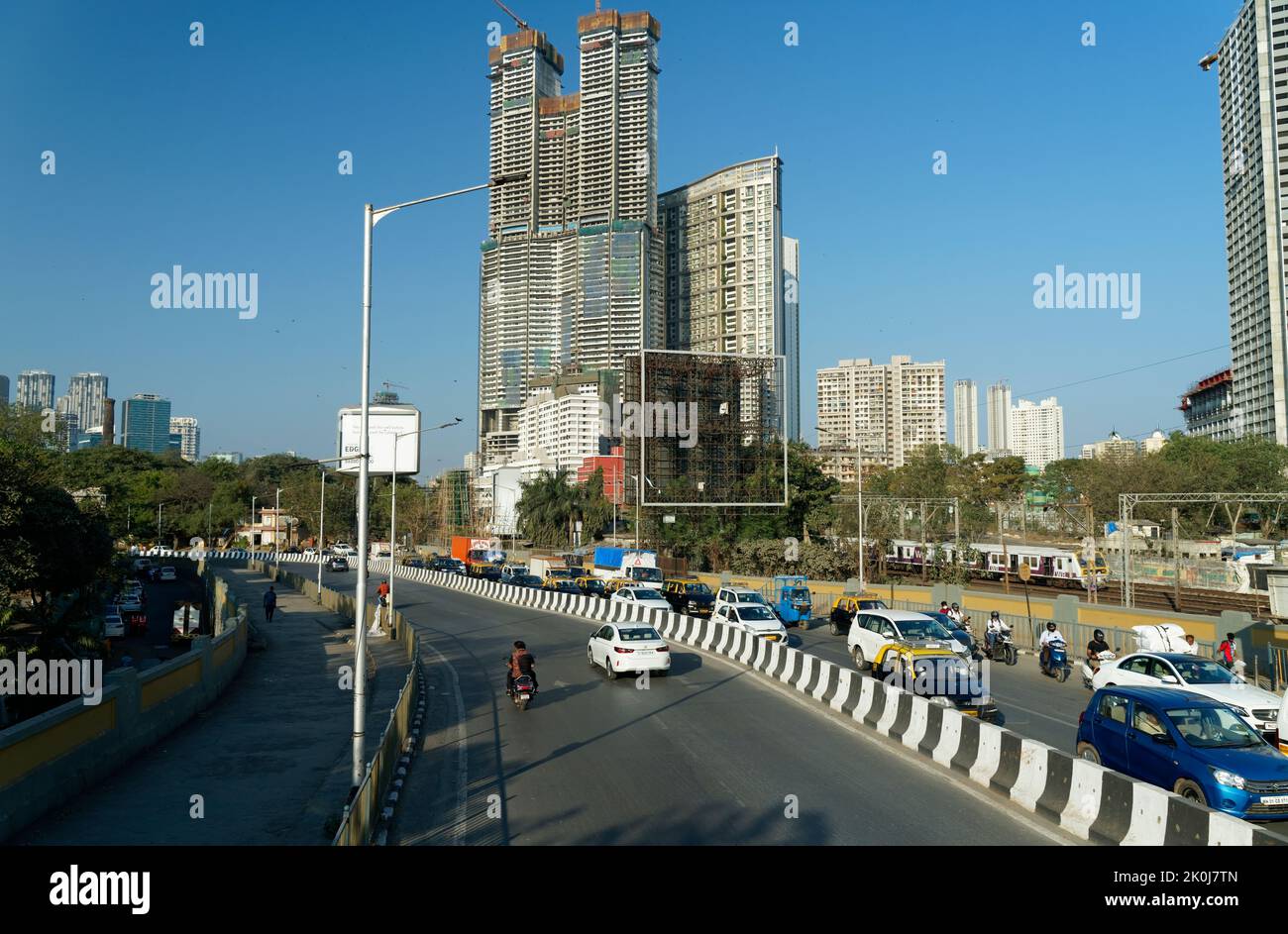 Dramatic view of Mumbai skyline, from Mahalaxmi bridge, Mumbai, Bombay ...