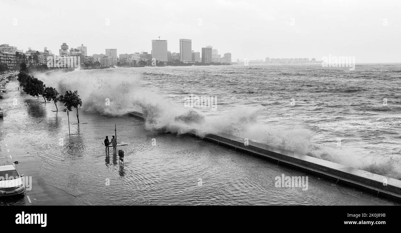 High Tidal Waves Splashing Sea Water At Marine Drive Promenade in ...