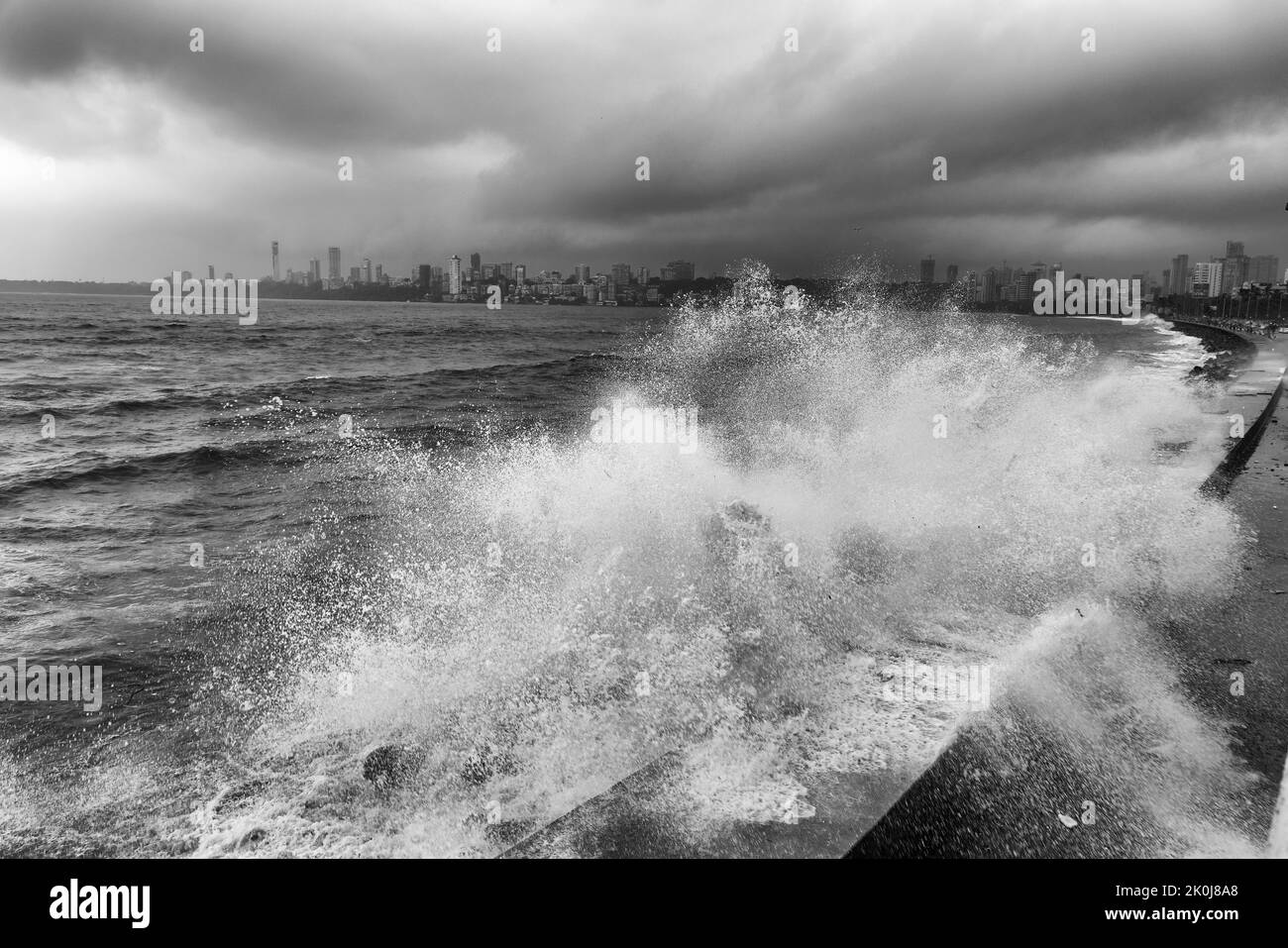 High Tidal Waves Splashing Sea Water At Marine Drive Promenade in ...
