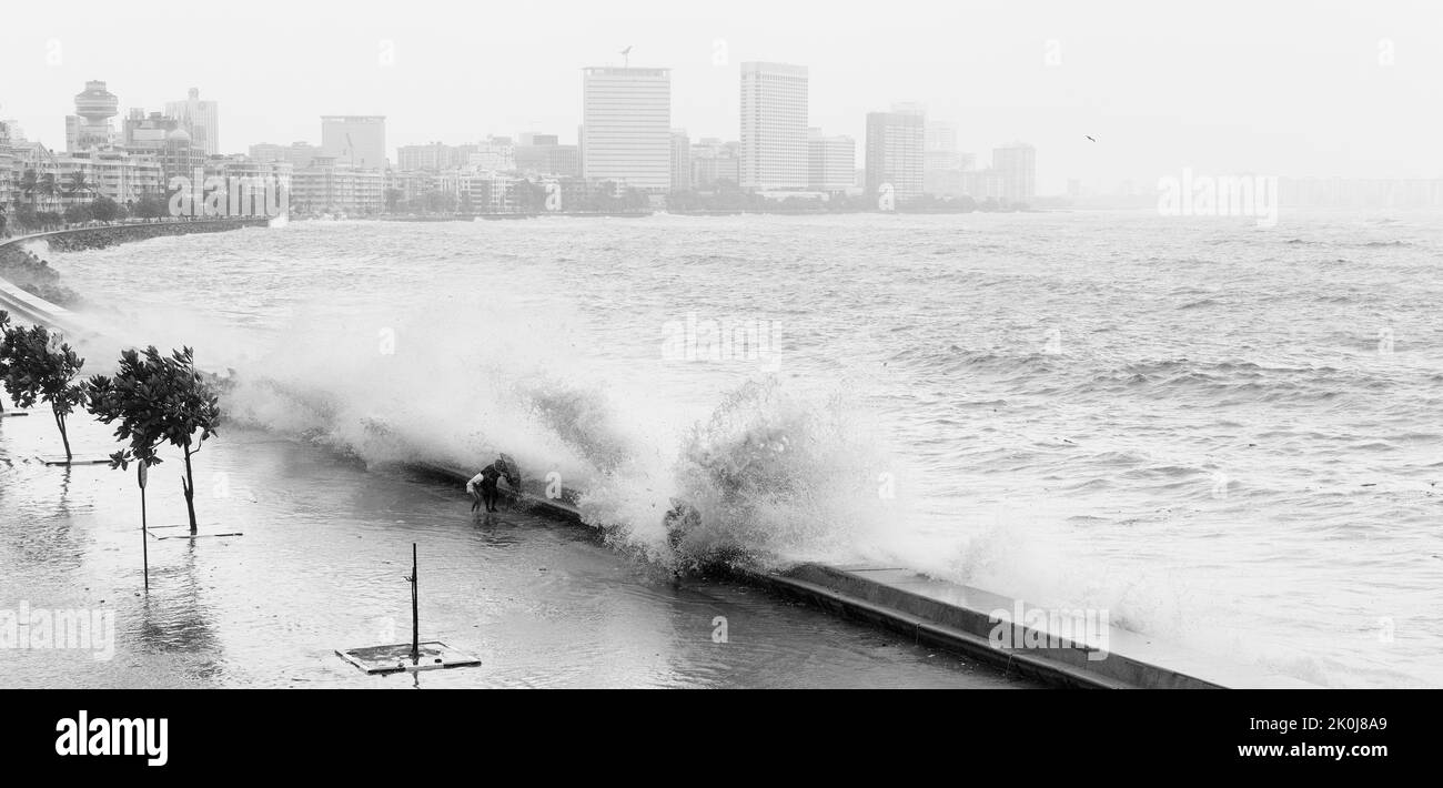 High Tidal Waves Splashing Sea Water At Marine Drive Promenade in ...