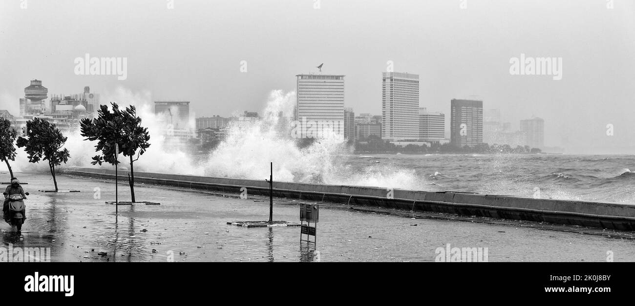 High Tidal Waves Splashing Sea Water At Marine Drive Promenade in ...