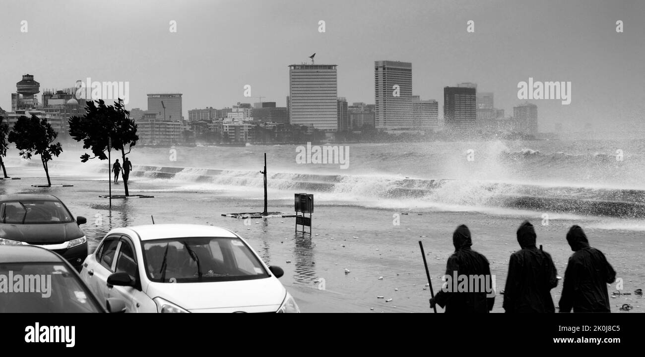 High Tidal Waves Splashing Sea Water At Marine Drive Promenade in ...