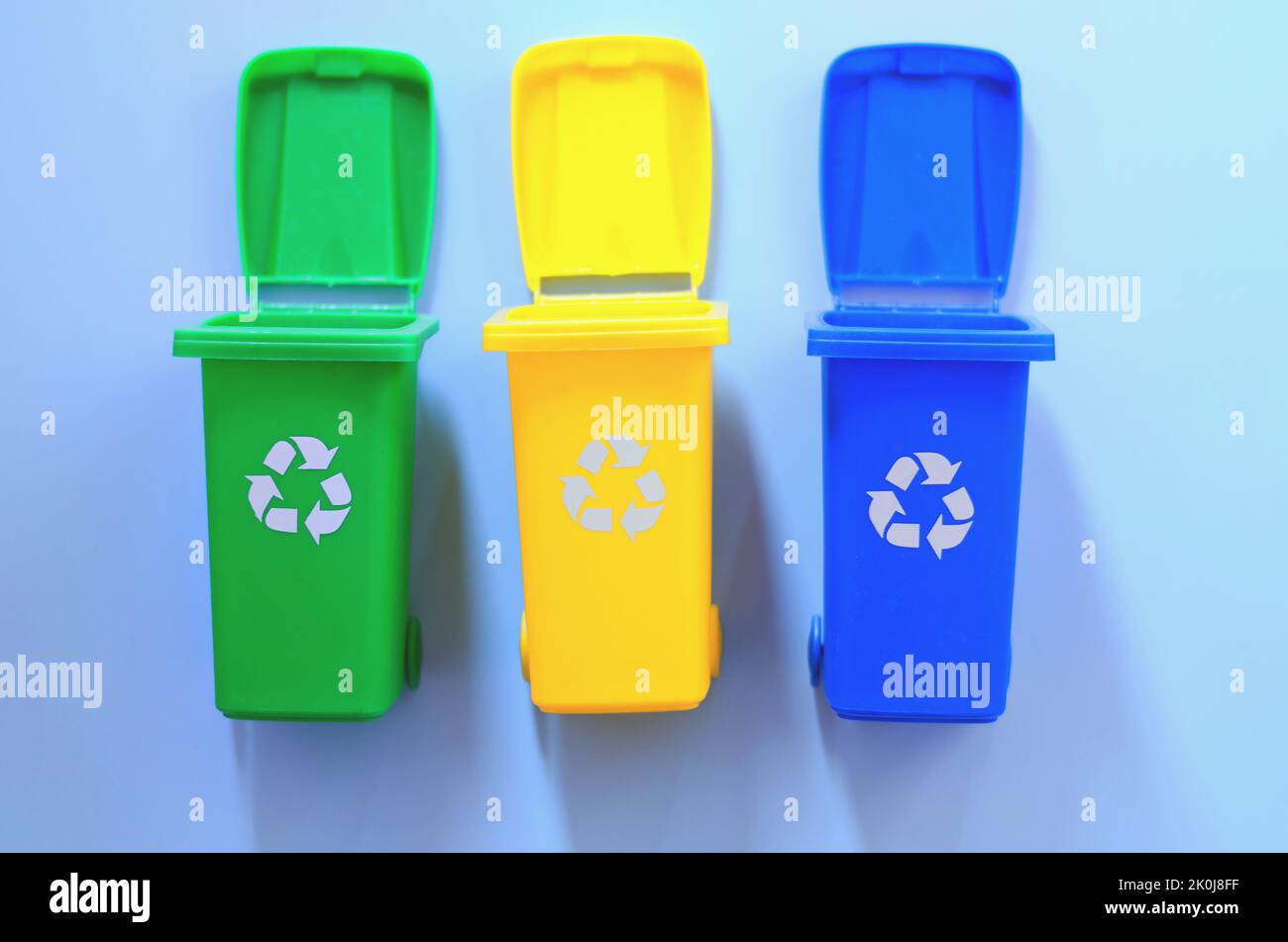 Recycling Garbage Bins. Waste Sorting Concept. Flat lay. Collection of ...