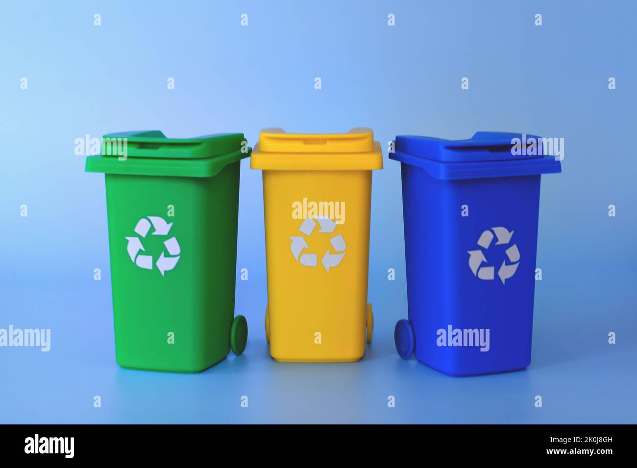 Recycling Garbage Bins. Waste Sorting Concept. Flat lay. Collection of ...