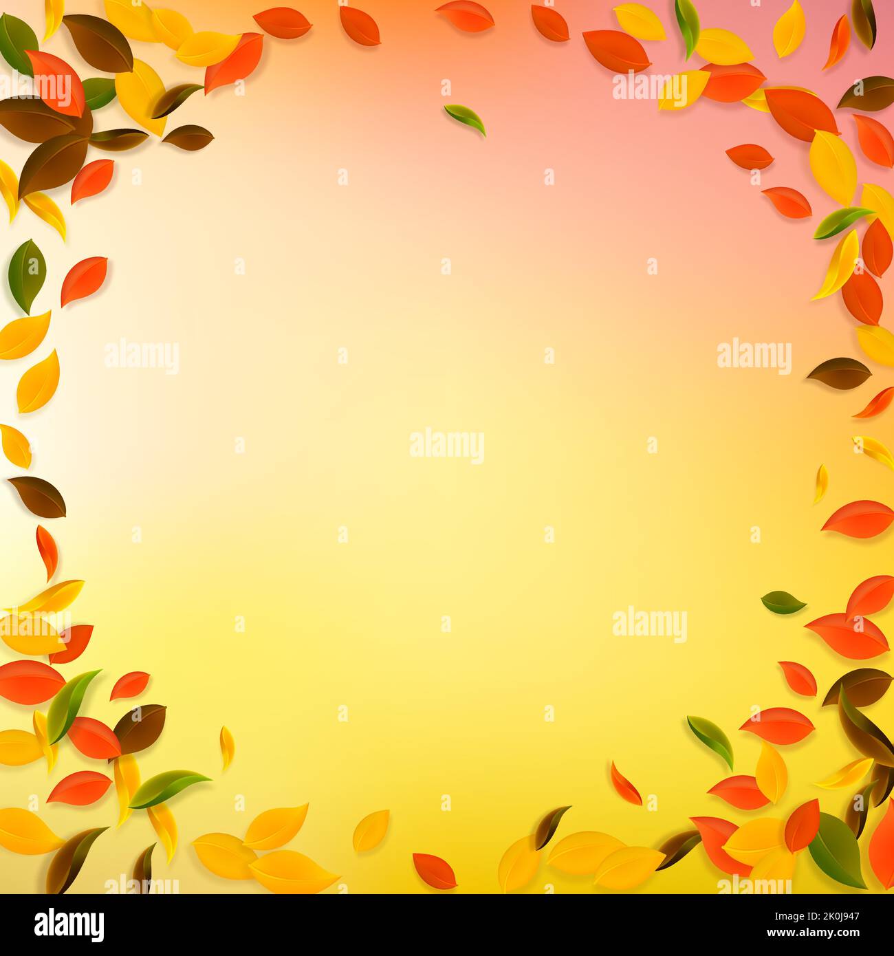 Falling autumn leaves. Red, yellow, green, brown chaotic leaves flying ...