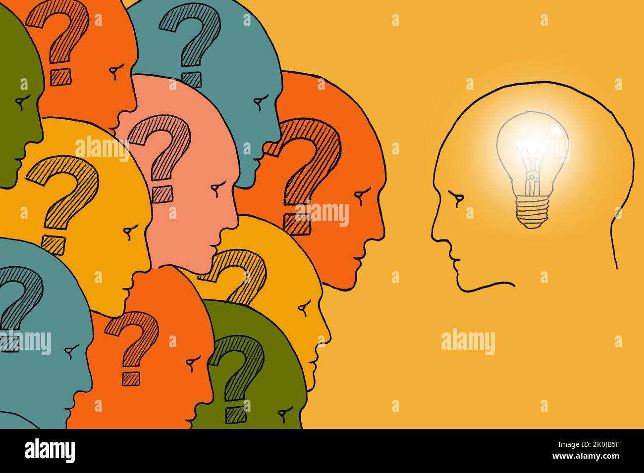 Human heads with question marks inside and one head with light bulb ...