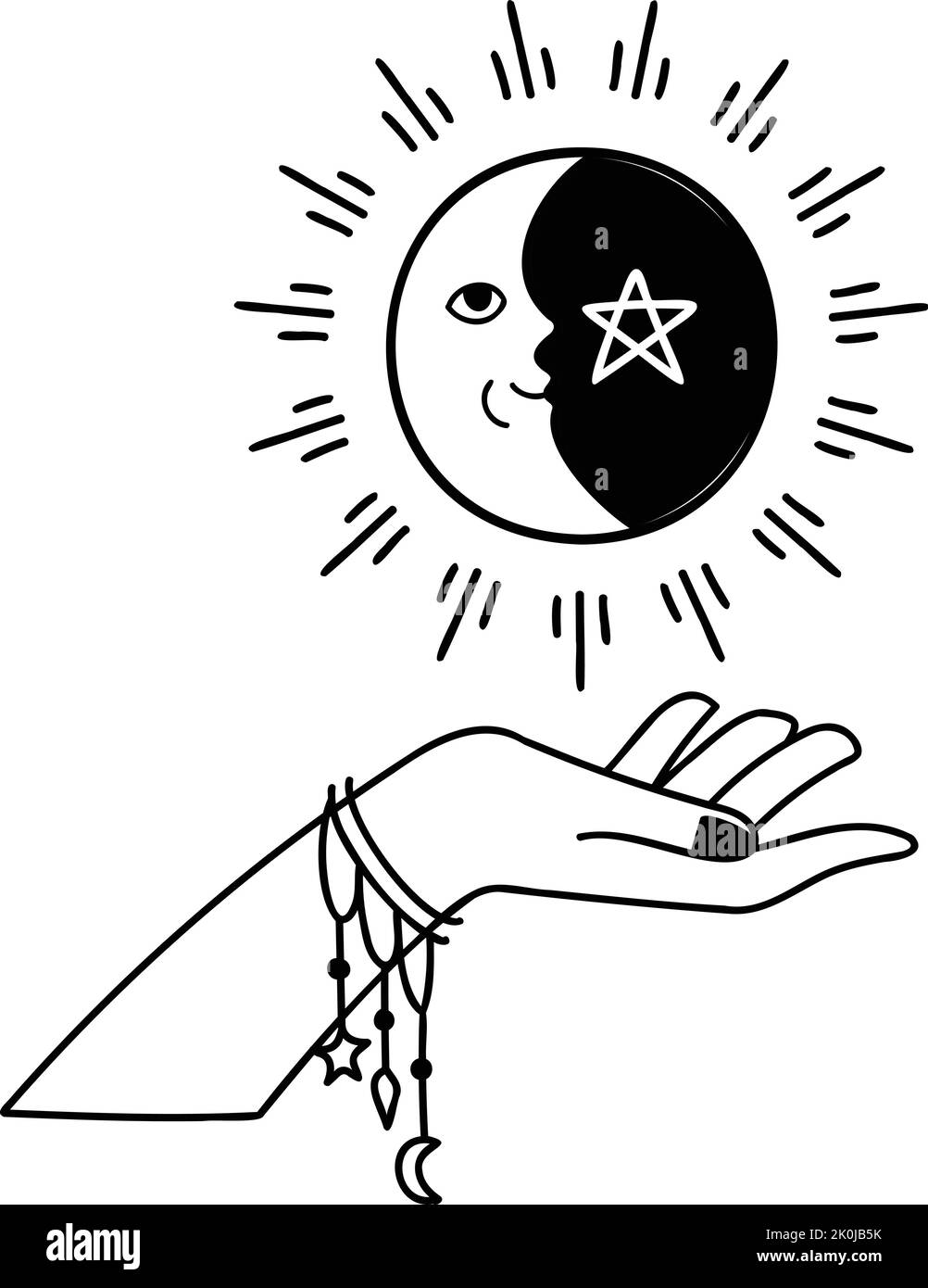 Hand Drawn hand holding the moon in boho style illustration isolated on ...