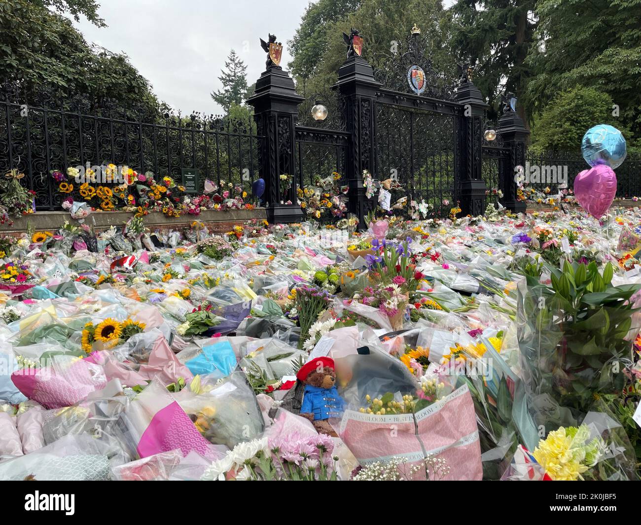 Floral tributes at the gates of Sandringham House in Norfolk, following ...
