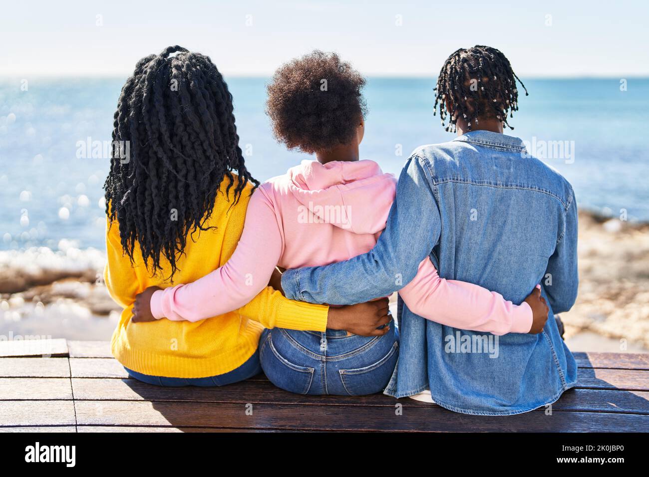 African american friends hugging each other on back view at seaside ...