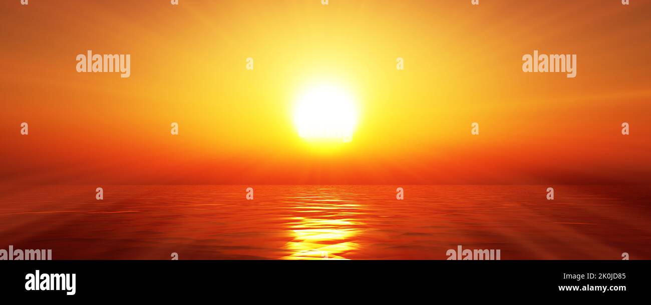 sunset sea sun ray clear sky, 3d rendering illustration Stock Photo - Alamy