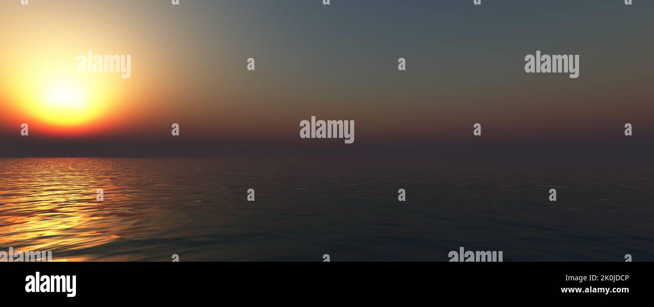 sunset sea sun ray clear sky, 3d rendering illustration Stock Photo - Alamy
