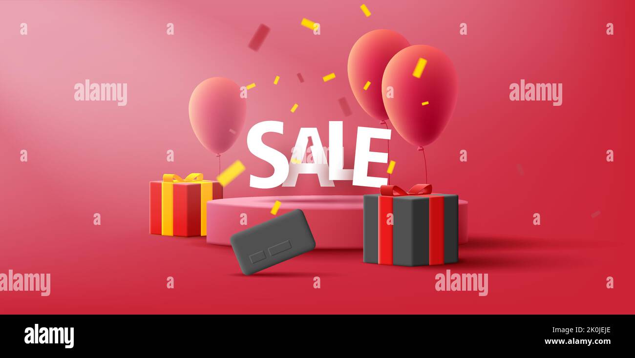 Promo 3d illustration with pedestal with balloons and gift boxes with ...