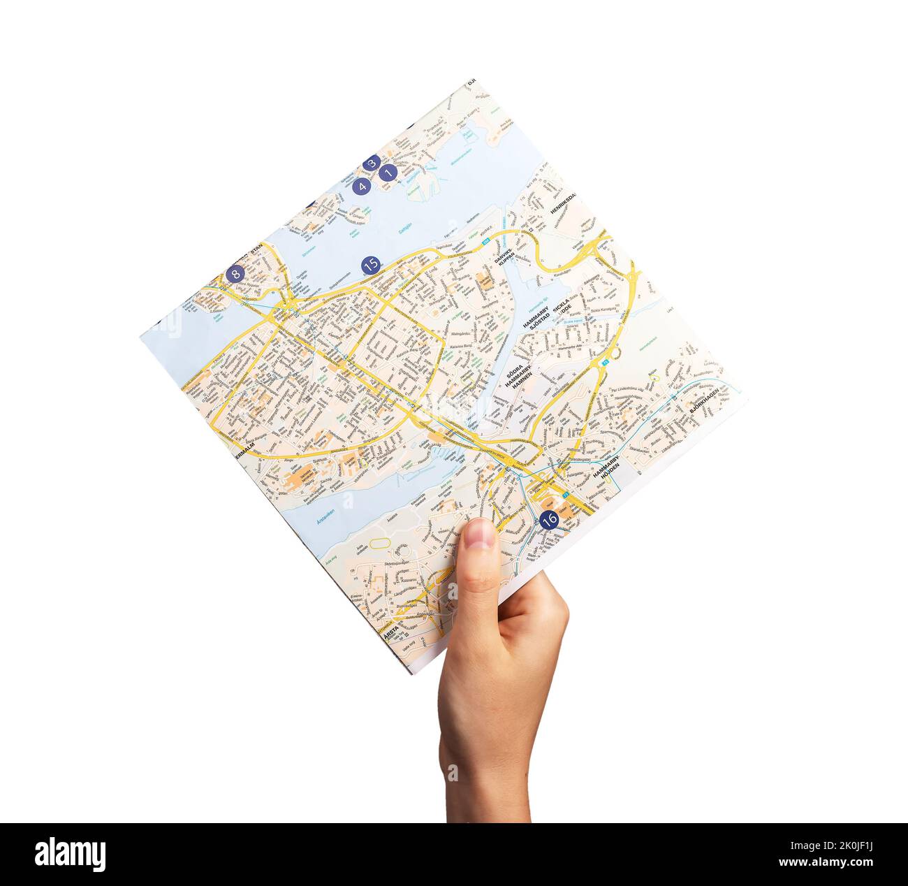 Hand holding map isolated on white background. Travelling, trip routes ...