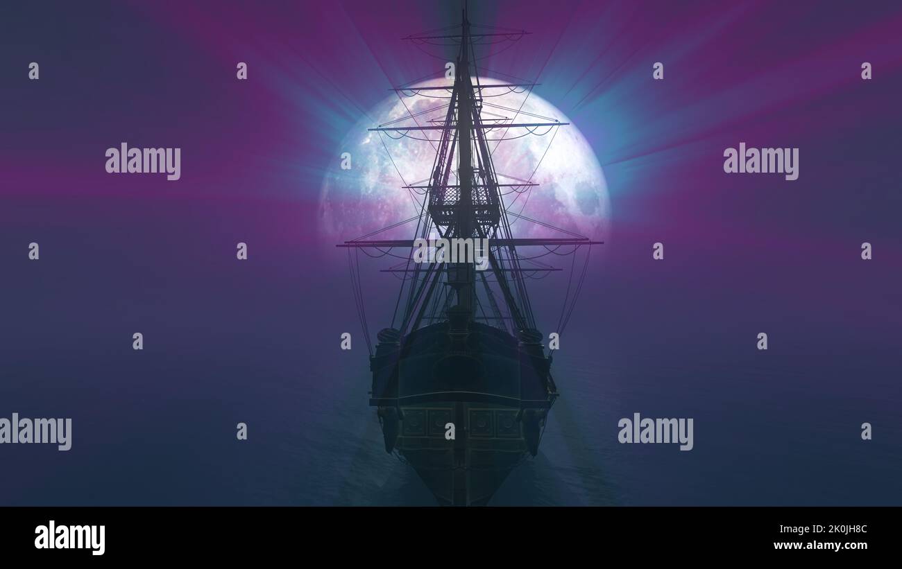 old ship in sea full moon illustration 3d rendering Stock Photo - Alamy
