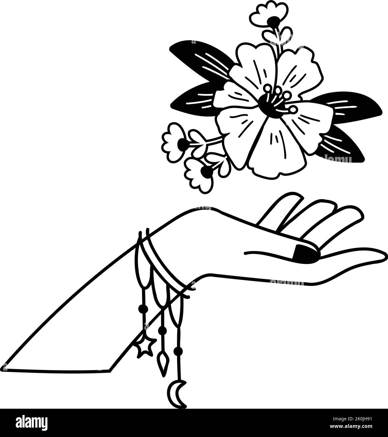 Hand Drawn hand holding flowers in boho style illustration isolated on ...