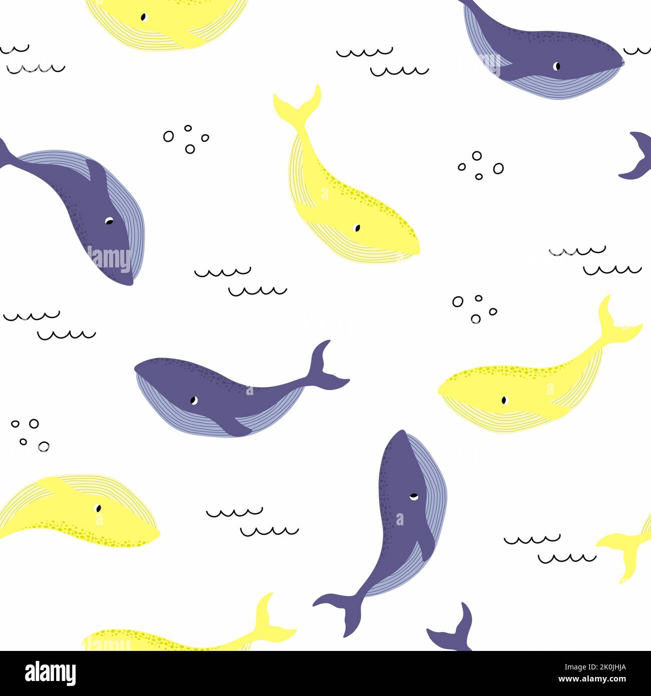 Vector seamless pattern with whale.Underwater cartoon creatures.Marine ...