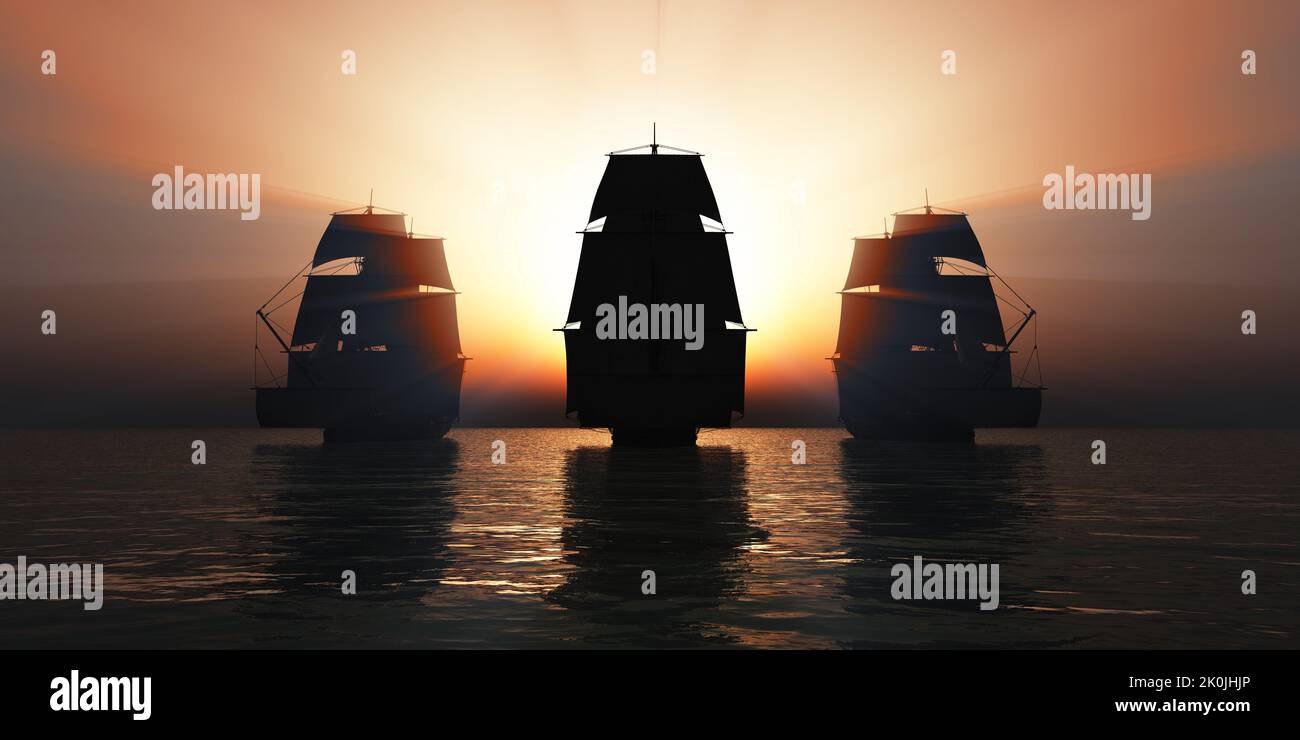 old three ships sunset at sea, 3d rendering illustration Stock Photo ...