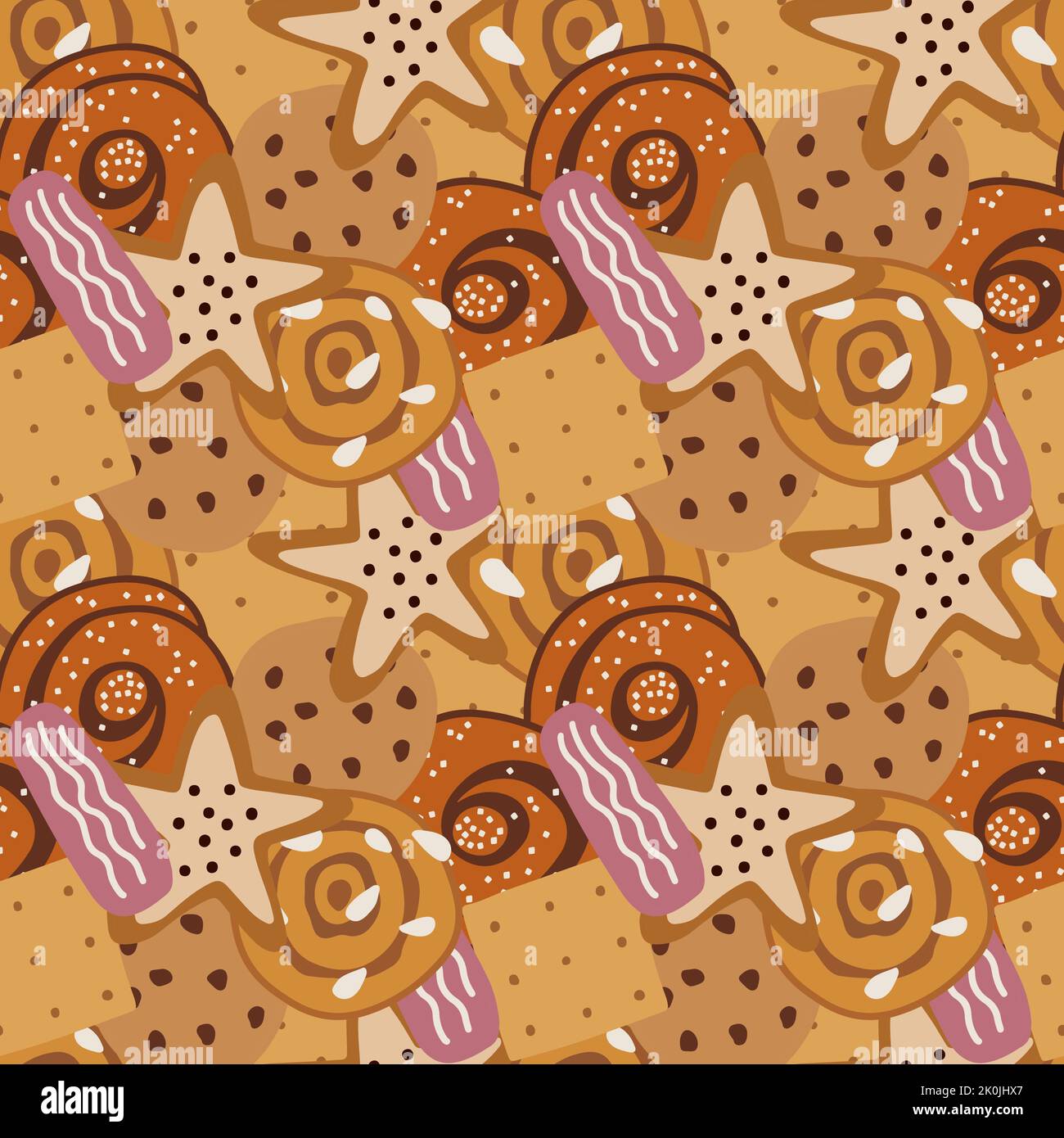 Seamless pattern with overlapping cookies and buns. Hand drawn sweets ...
