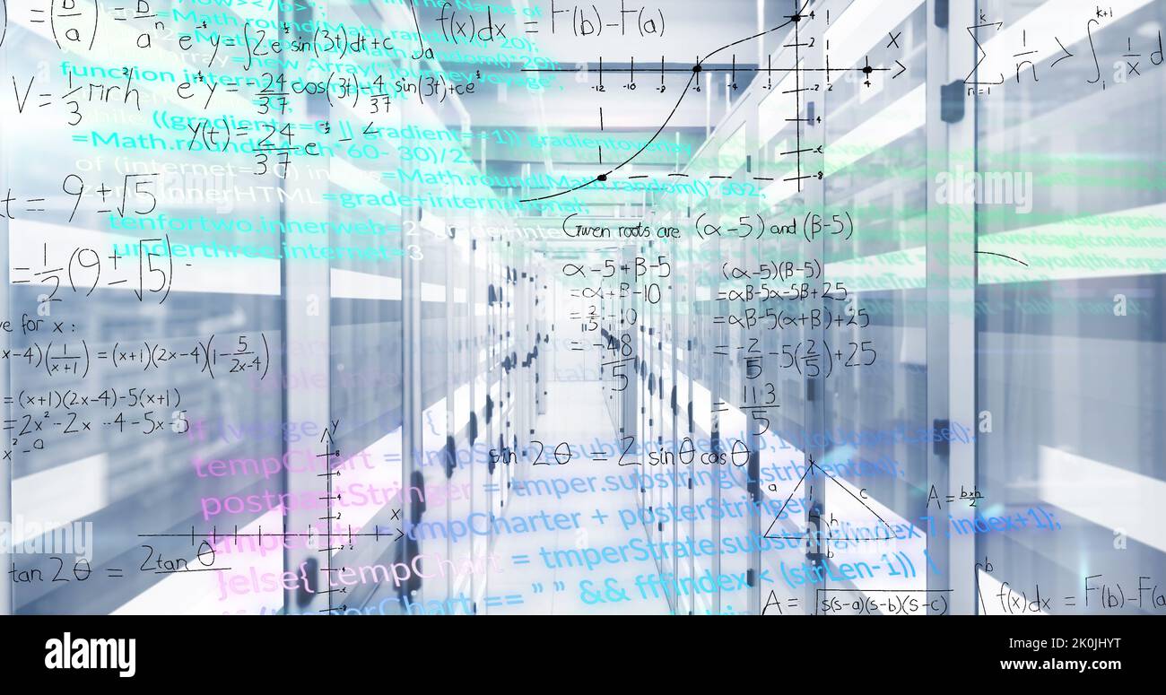 Image of mathematical equations and data processing over computer ...