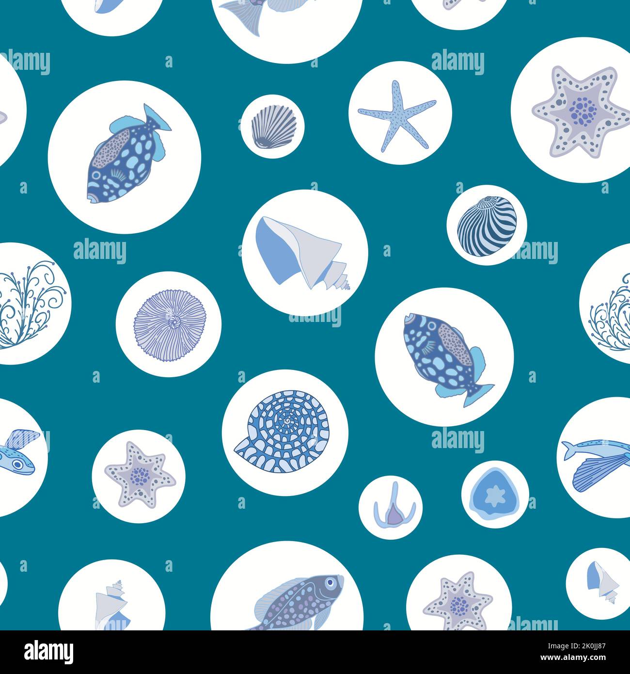 Polka dotted pattern with underwater world inhabitants on teal blue ...