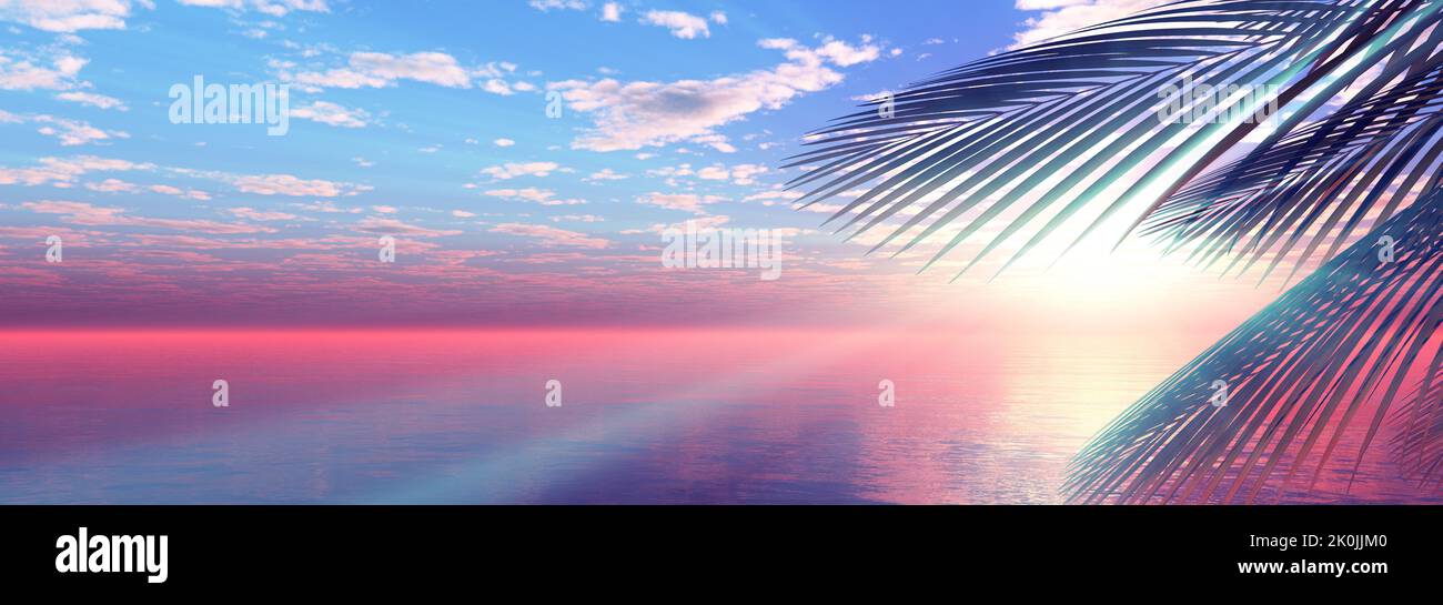 sunset sea palm landscape illustration, 3d render Stock Photo - Alamy