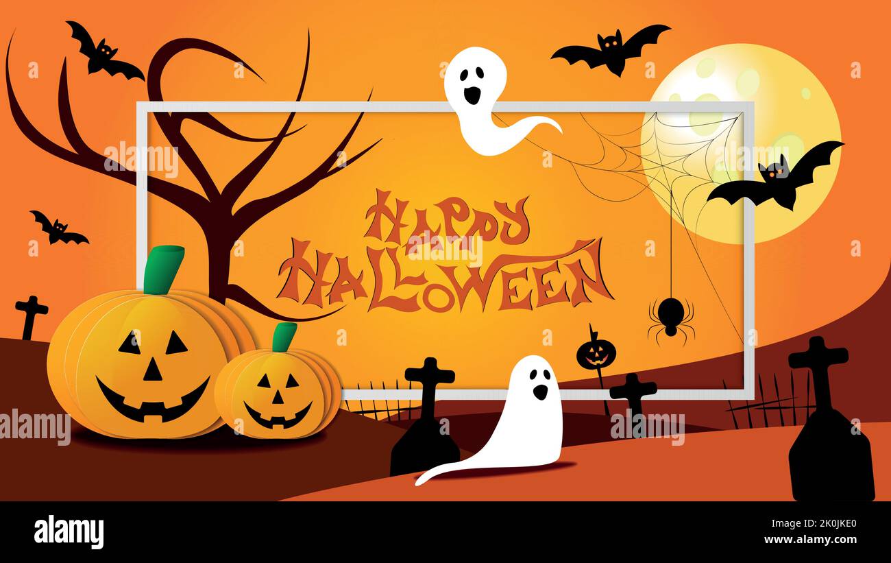 Banner with bats, spiders, ghosts and pumpkins to celebrate a Happy ...