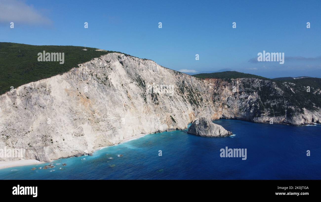 An aerial view of a giant cliff at the Vasiliki beach in Lefkada island ...