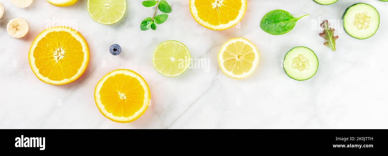 Fresh summer food menu banner. Fruit and vegetables slices, shot from ...