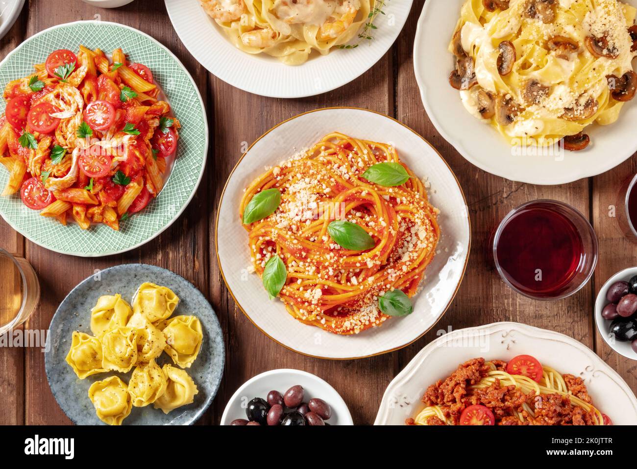 Pasta, many different varieties, overhead flat lay shot. Italian food ...